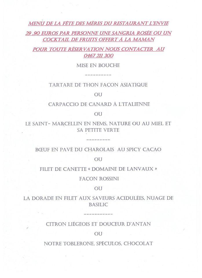 Menu at L'Envie restaurant, Agde