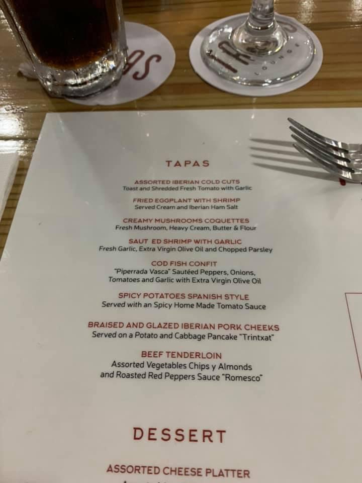 Menu at Tapas Lounge restaurant, Puerto Plata