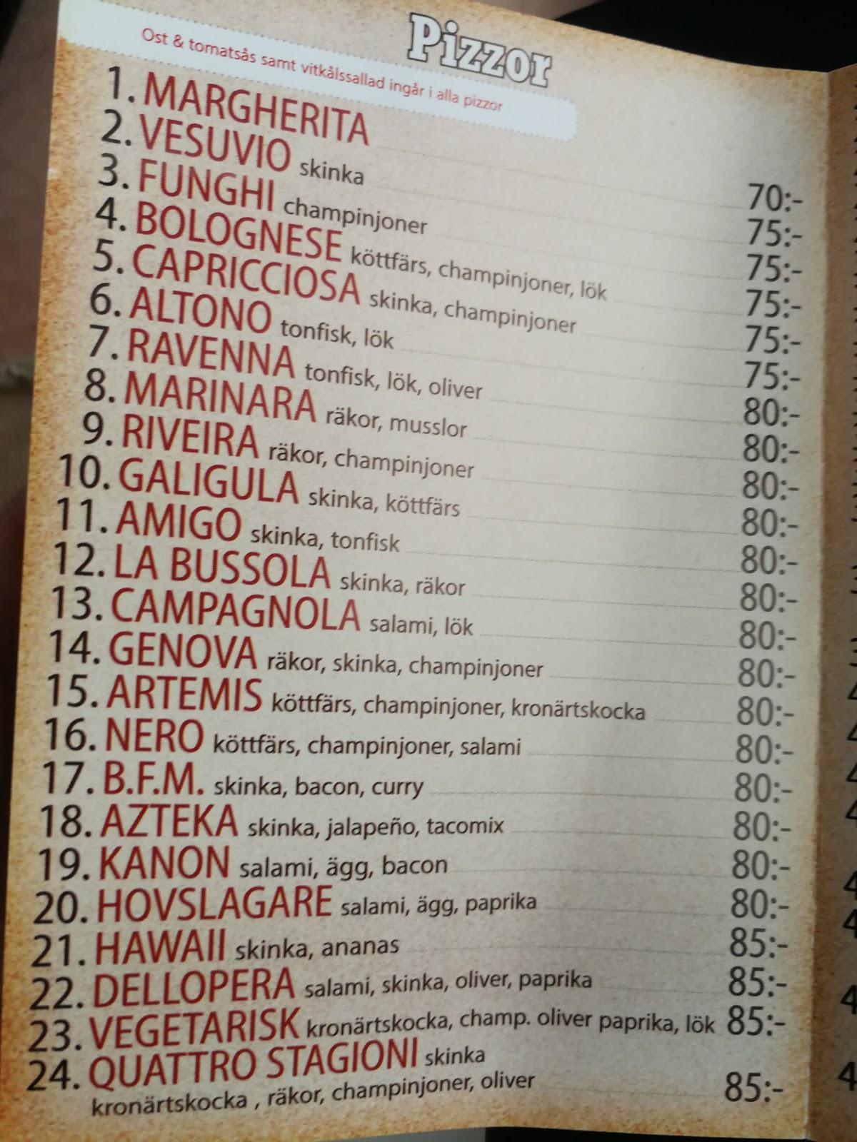 Menu at Bro Järnvägs Pizzeria, Bro