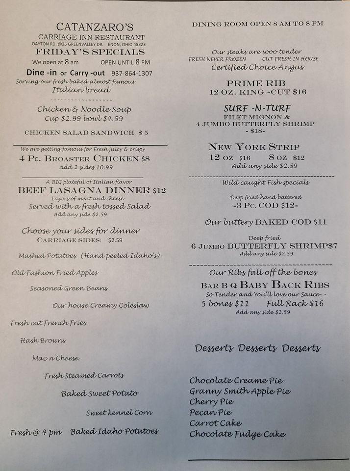 Menu at Carriage Inn Restaurant, Enon