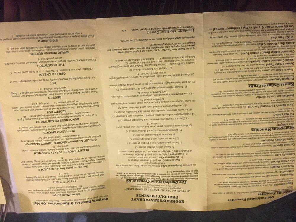 Menu at Egghead's Restaurant, Fort Bragg
