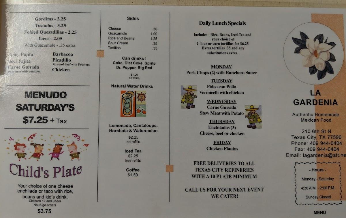 Menu at La Gardenia restaurant, Texas City