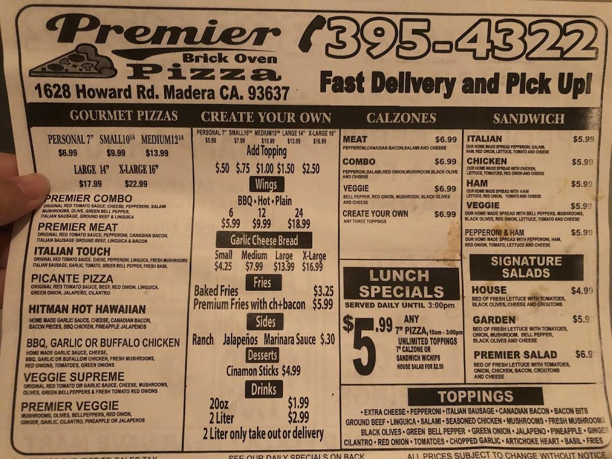 Menu at Premier Brick Oven Pizza pizzeria, Madera