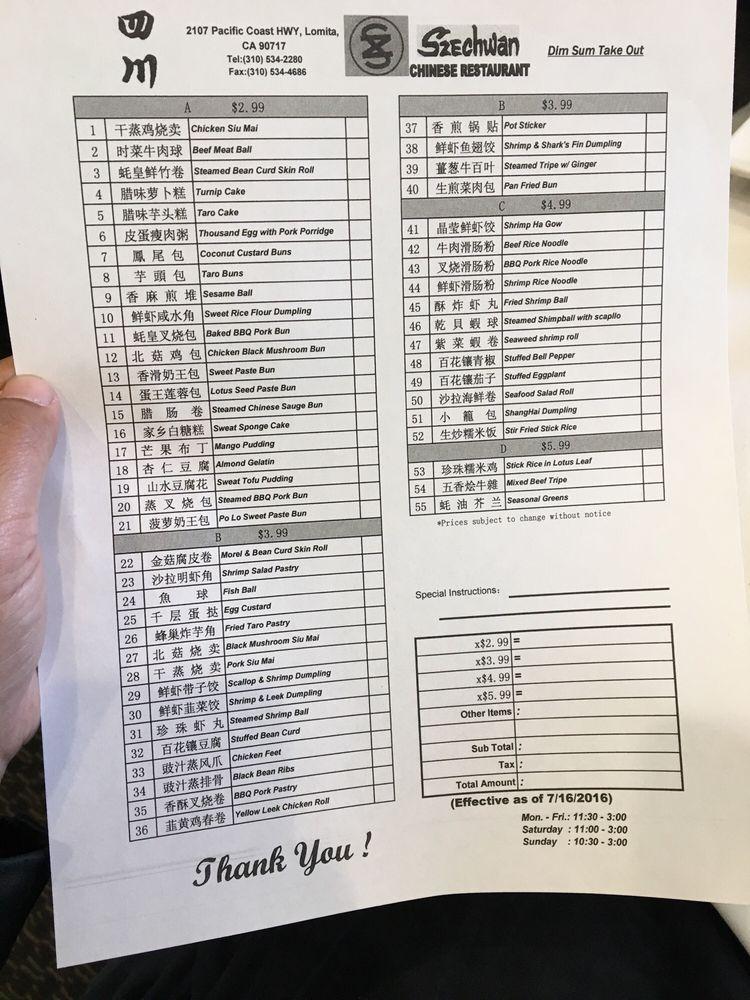 Menu at Szechwan Chinese Food restaurant, Lomita
