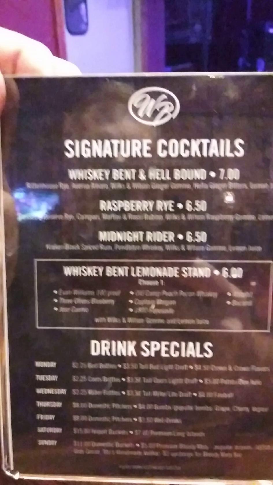 Menu at Whiskey Bent Bar & Grill, Avon