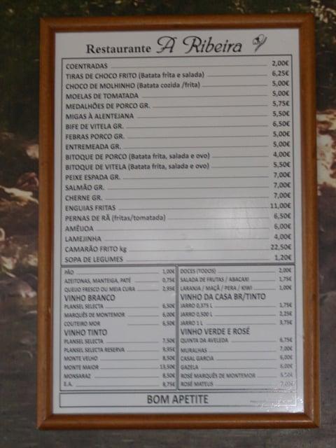 Menu em Restaurante A Ribeira (Ementa Cantada), Montemor-o-Novo