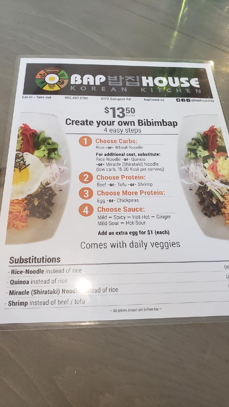 Menu at Bap House Korean Kitchen restaurant, Halifax