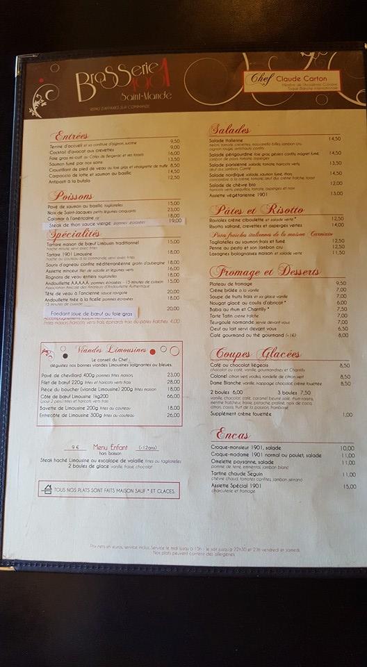 Menu au Brasserie 1901 restaurant, Saint-Mandé