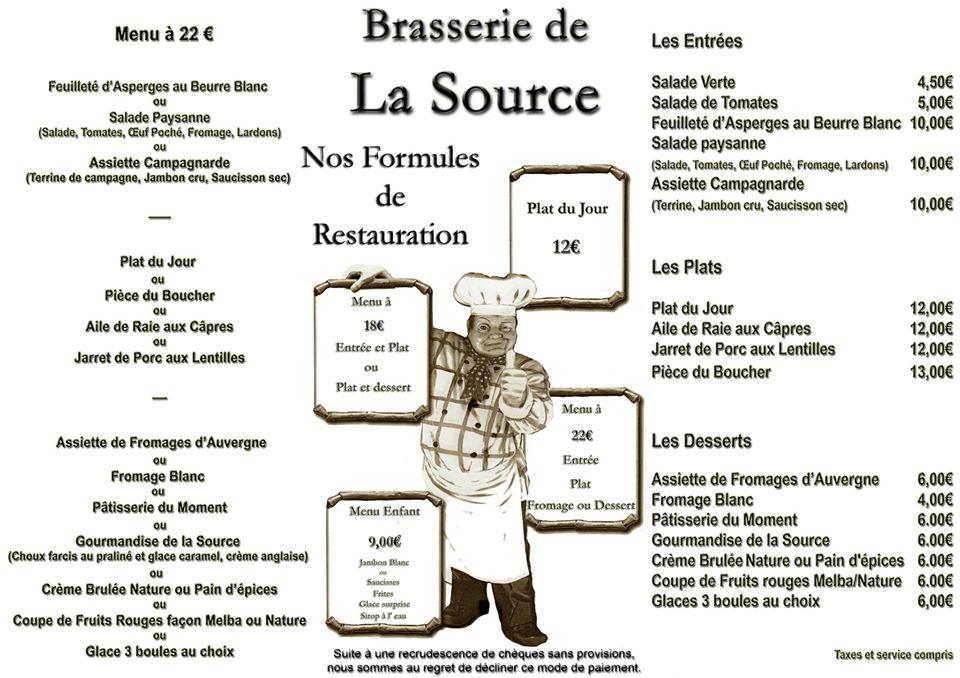 Menu at Brasserie de la Source restaurant, Vichy