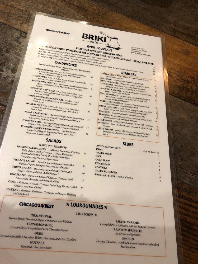 Menu at Briki Cafe, Addison
