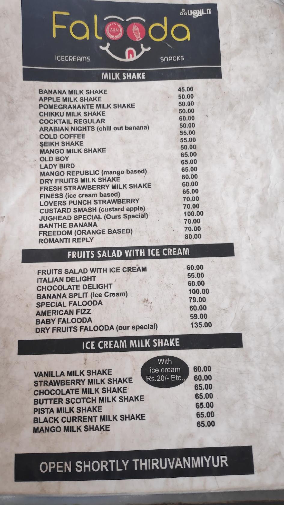 Menu at Falooda ice creams and snacks, Chennai