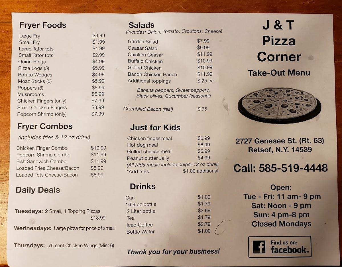 Menu at J&T's Pizza Corner restaurant, Piffard