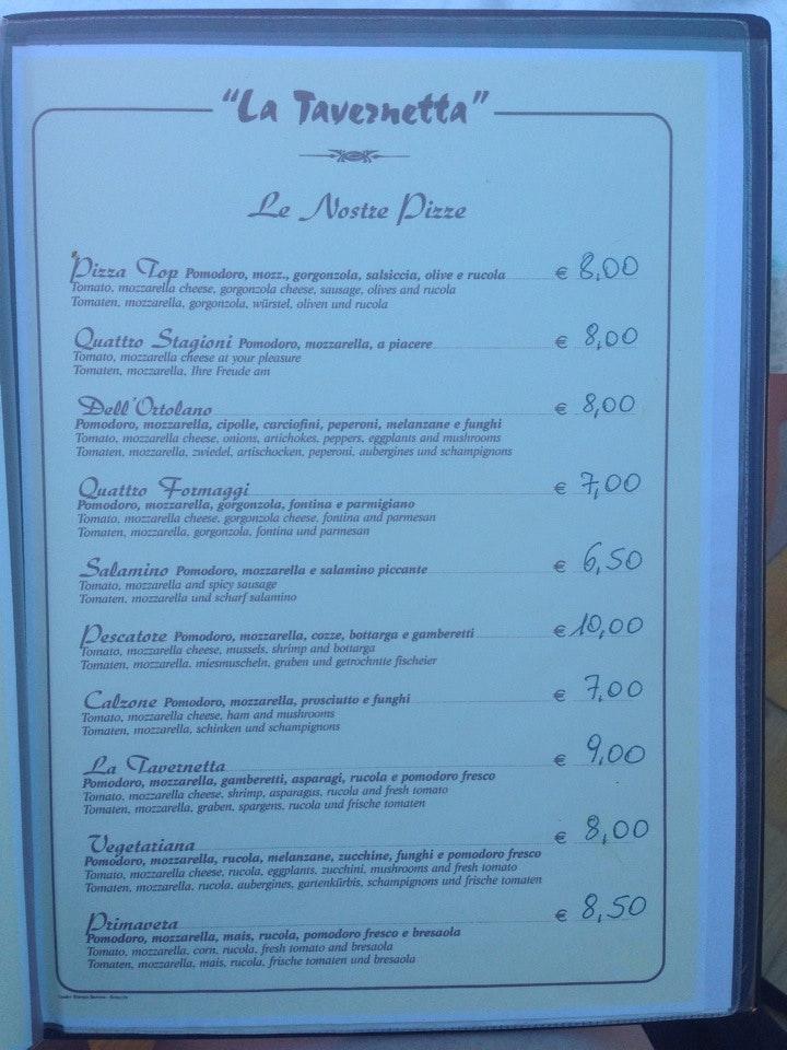 Menu at La Tavernetta restaurant, Budoni, Località Marina di Budoni
