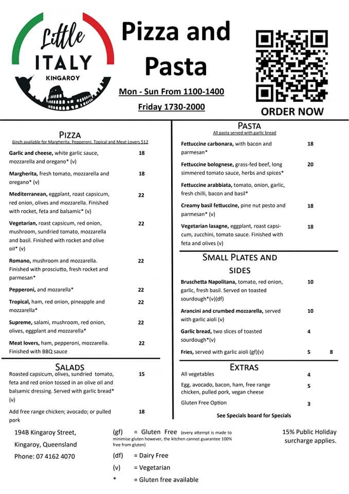 Menu at Little Italy cafe, Kingaroy