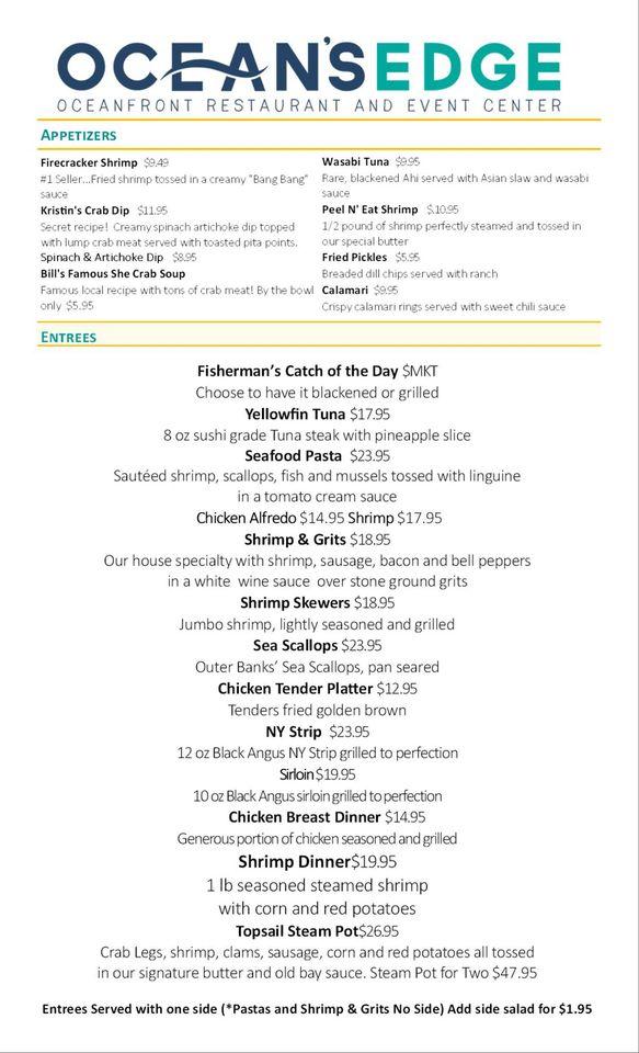 Menu at Ocean's Edge Restaurant & Event Center, North Topsail Beach