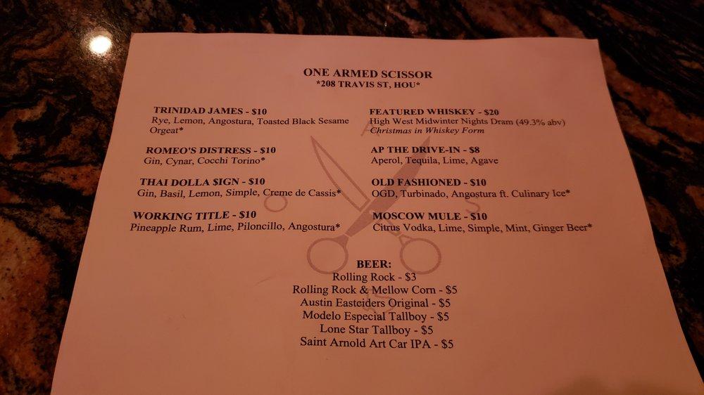 Menu at One Armed Scissor pub & bar, Houston, 208 Travis St