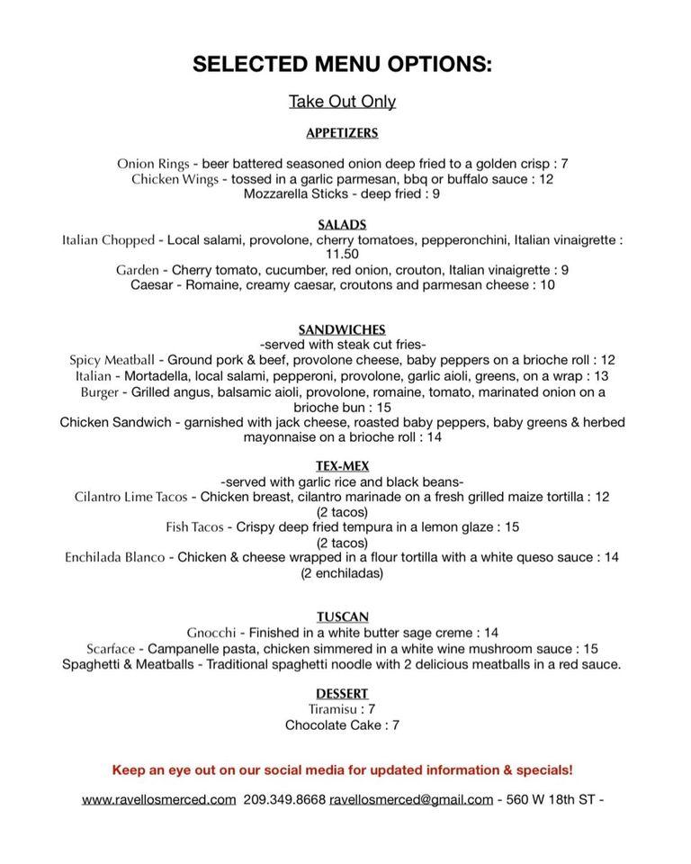 Menu at Ravello's Event Center pub & bar, Merced