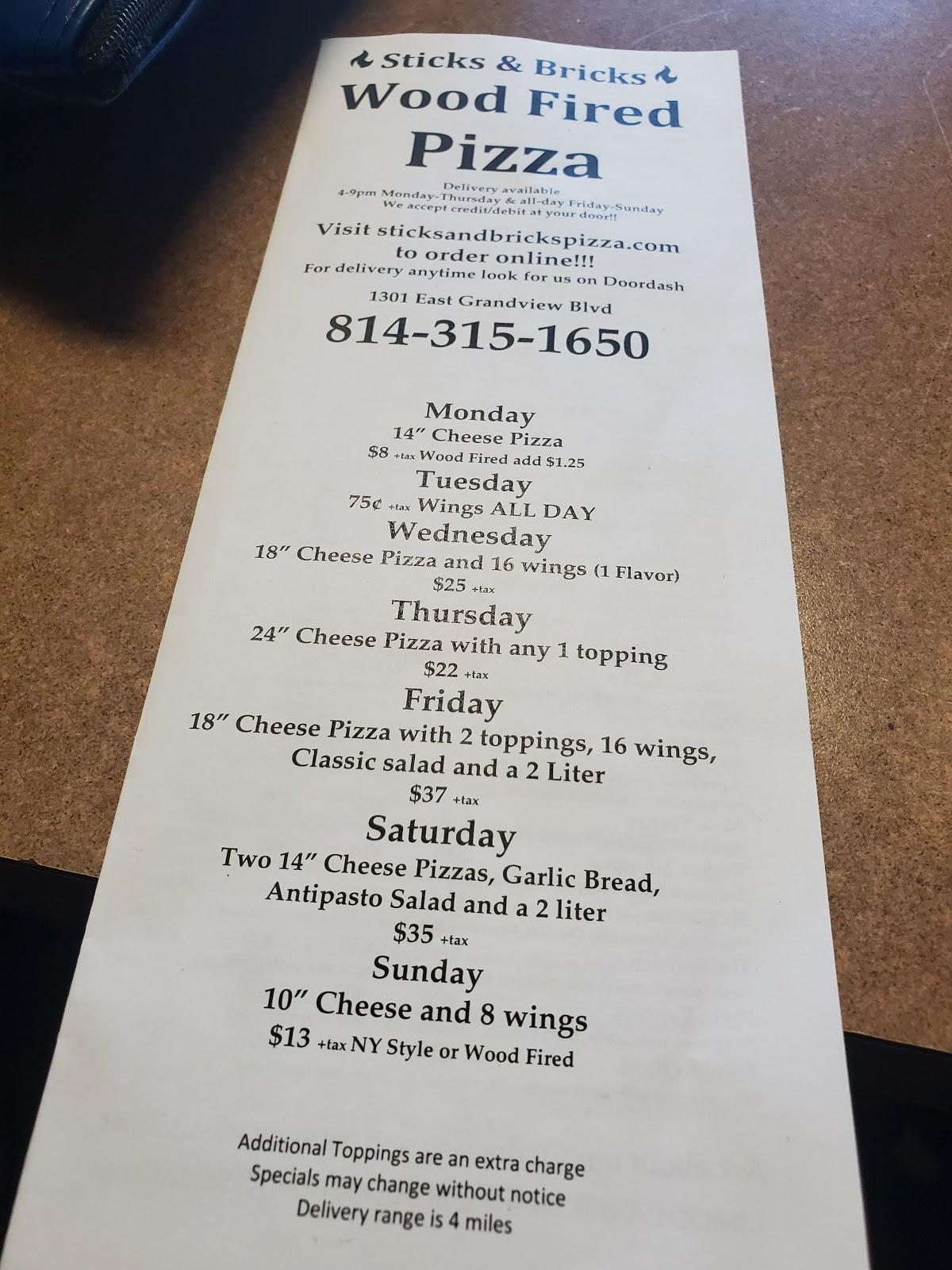 Menu at Sticks & Bricks Wood Fired Pizza pizzeria, Erie, E Grandview Blvd