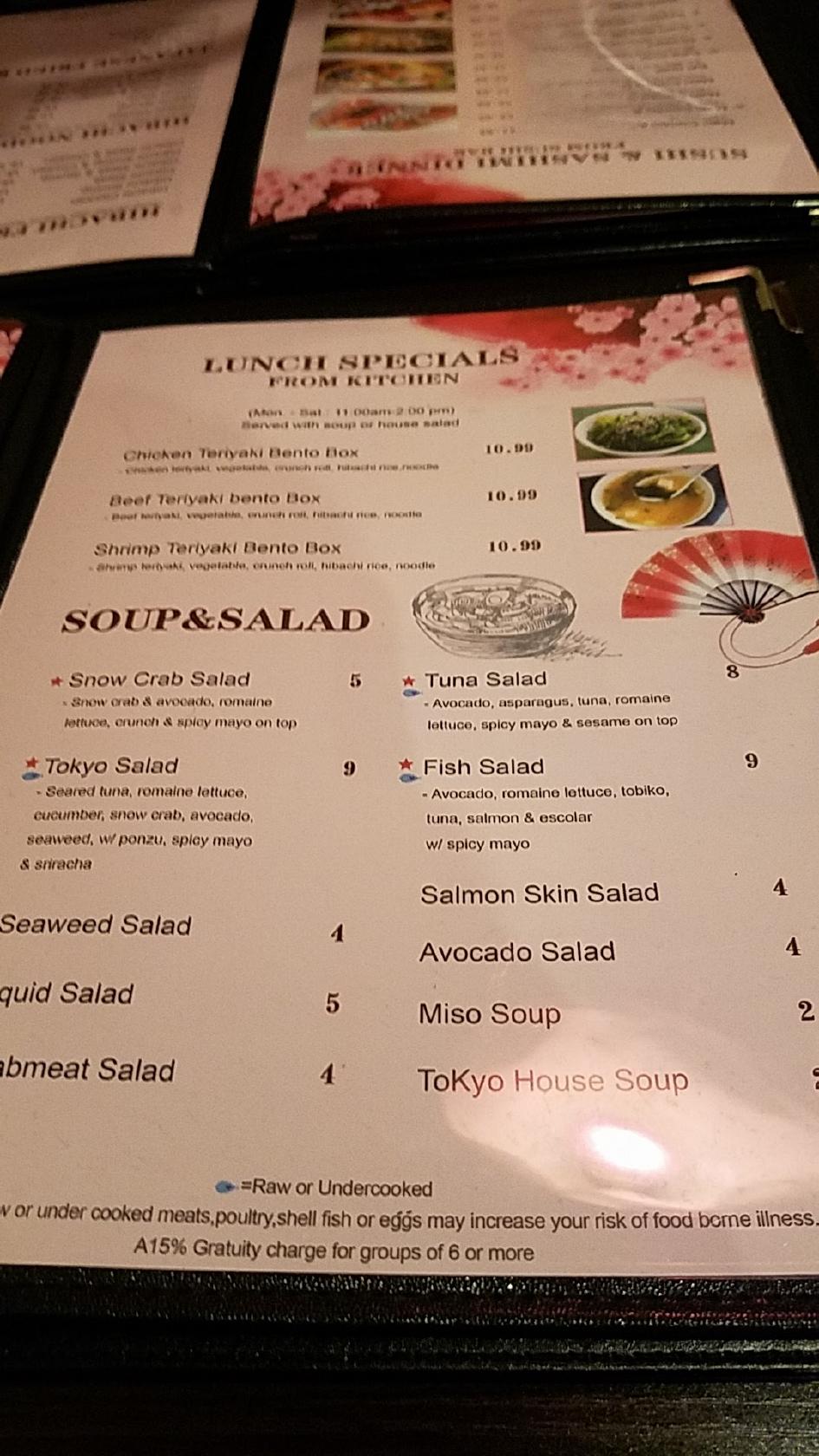 Menu at Tokyo Japan restaurant, Crowley