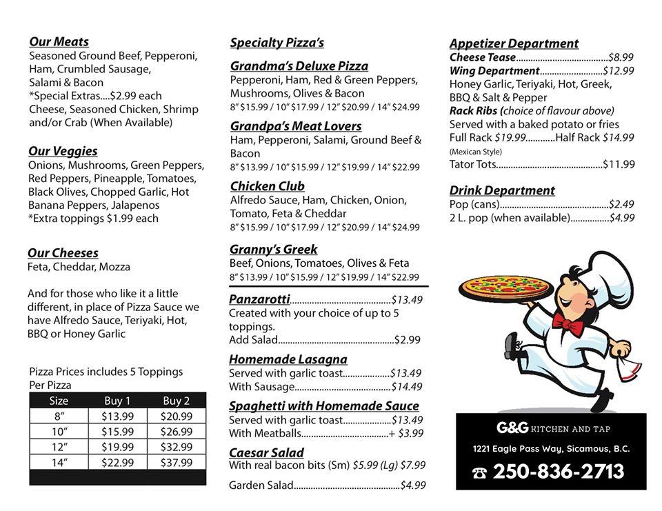 Menu at G&G Kitchen and Tap restaurant, Sicamous, Eagle Pass Way
