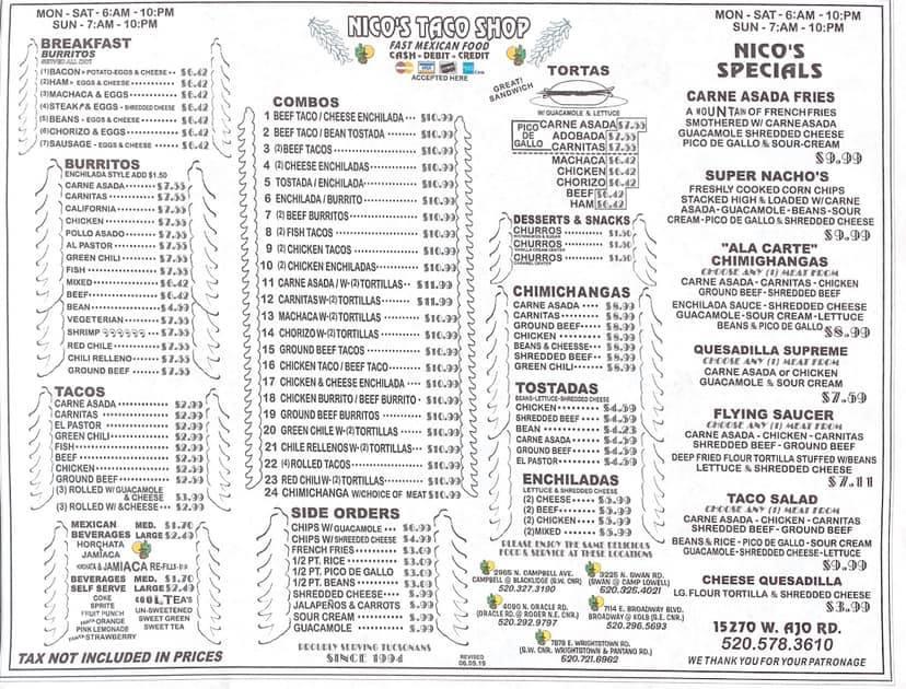 Menu at Nicos Taco Shop restaurant, Three Points