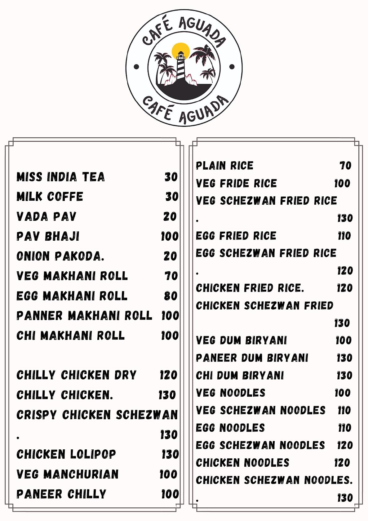 Menu at Café Aguada, Candolim