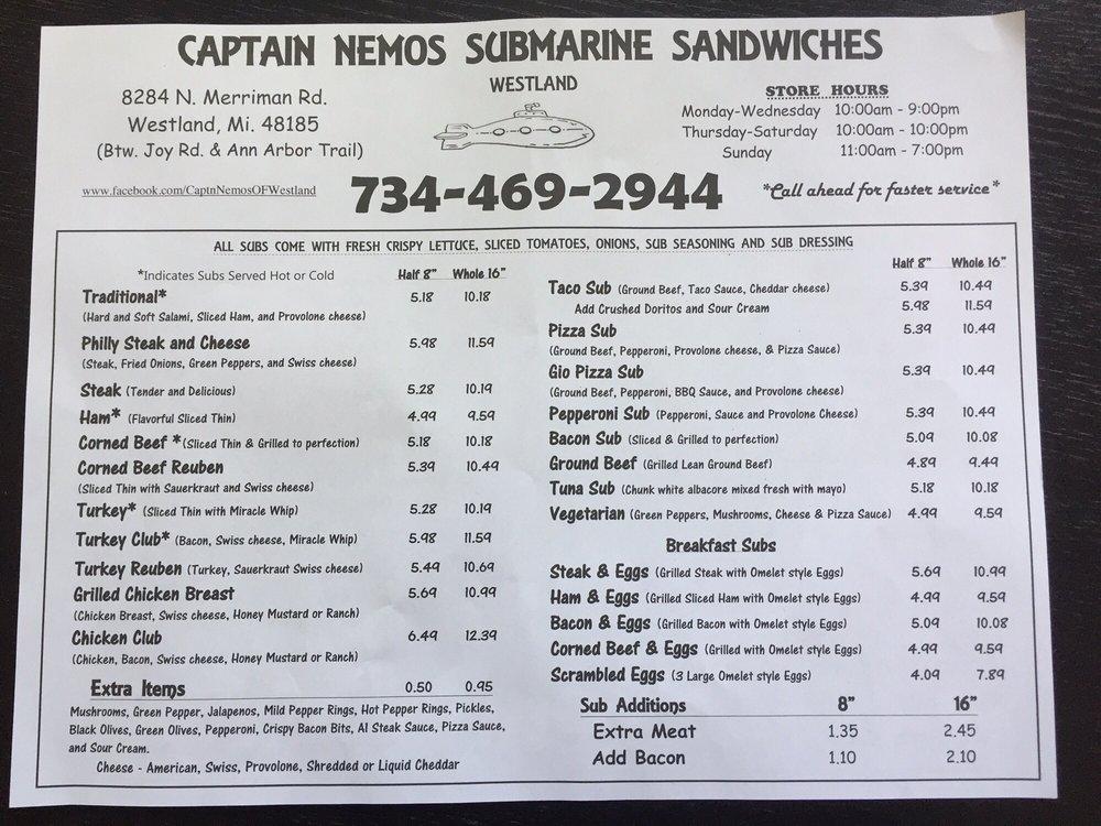Menu at Capt'n Nemo's of Westland restaurant, Westland