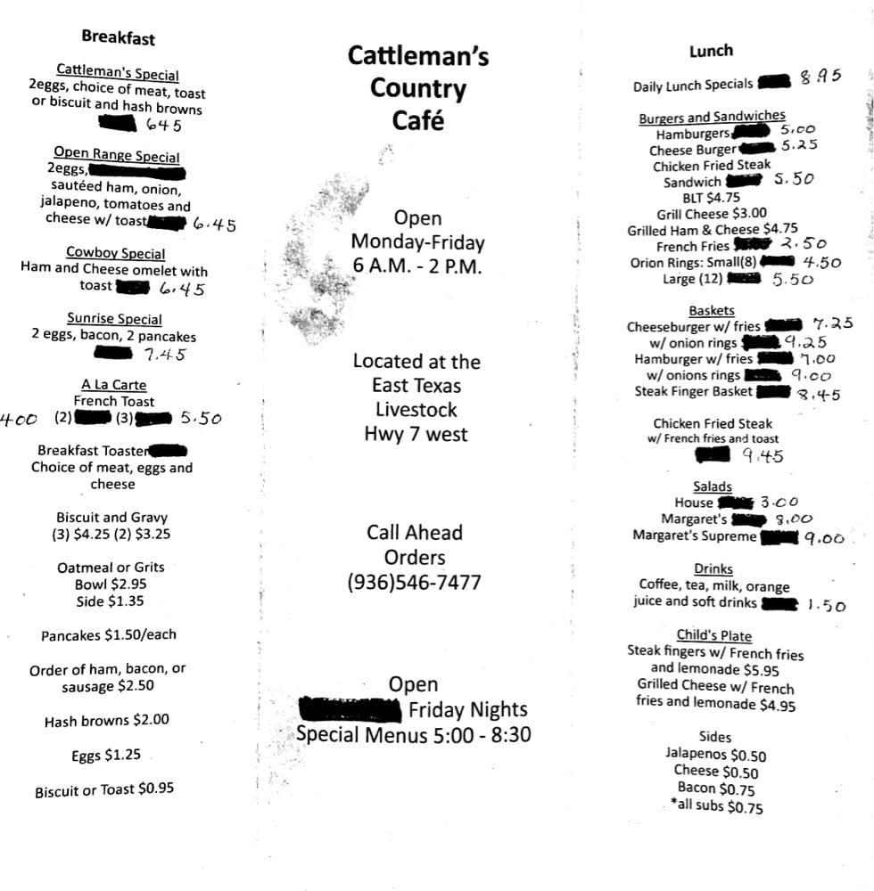Menu at Cattleman's Country Cafe, Crockett