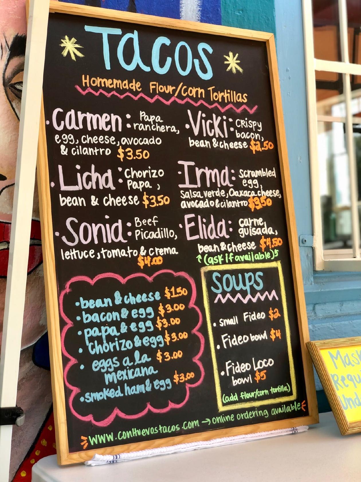 Menu at Con Huevos Tacos restaurant, San Antonio