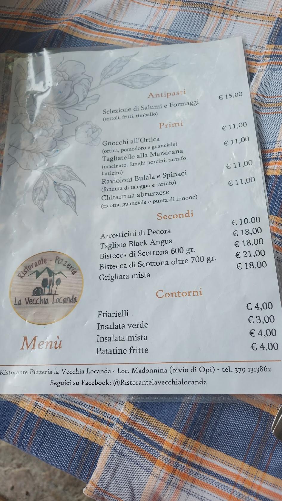 Menu da ristorante "La Vecchia Locanda", Opi