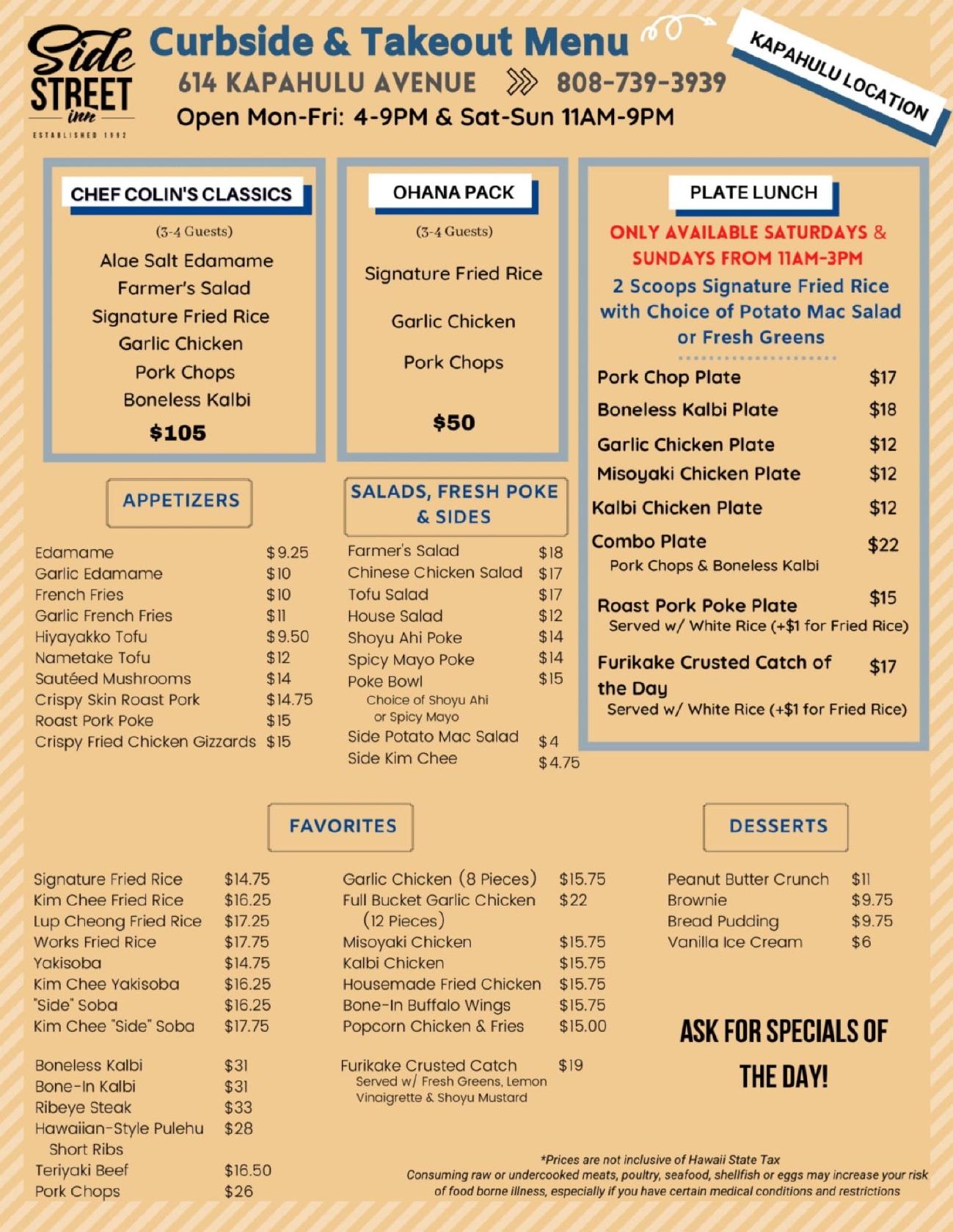 Menu at Side Street Inn On Da Strip pub & bar, Honolulu