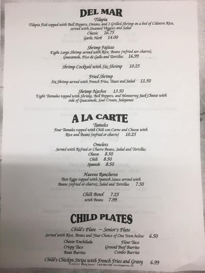 Menu at Tampico Spanish Inn restaurant, Midland