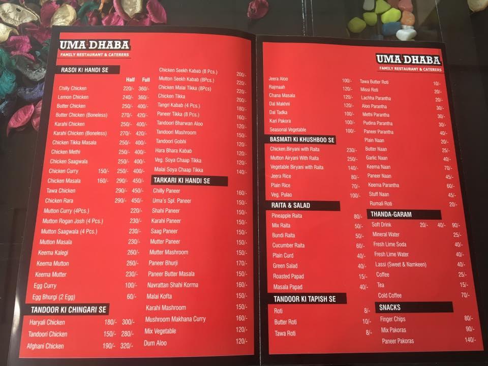 Menu at Uma Dhaba, Gurugram, Sarswati Kunj
