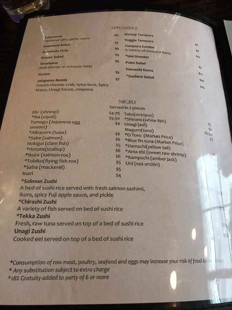 Menu at Zushi Sushi restaurant, Issaquah