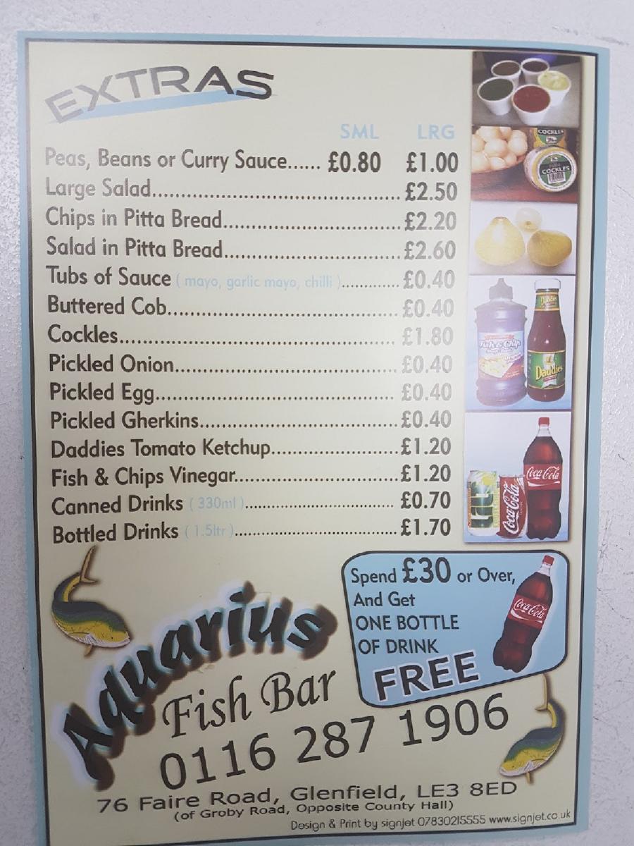 Menu at Aquarius Fish Bar, Leicester