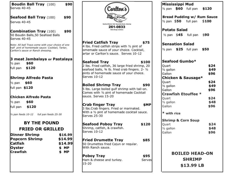 Menu at Carlton's Seafood restaurant, Baton Rouge