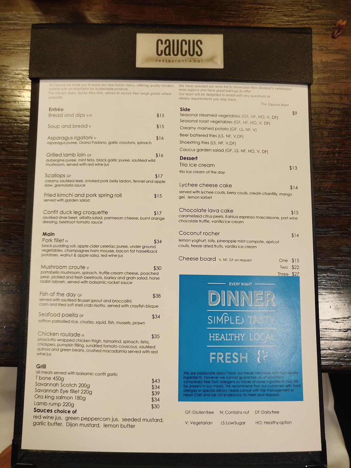 Menu at Caucus Restaurant, Wellington