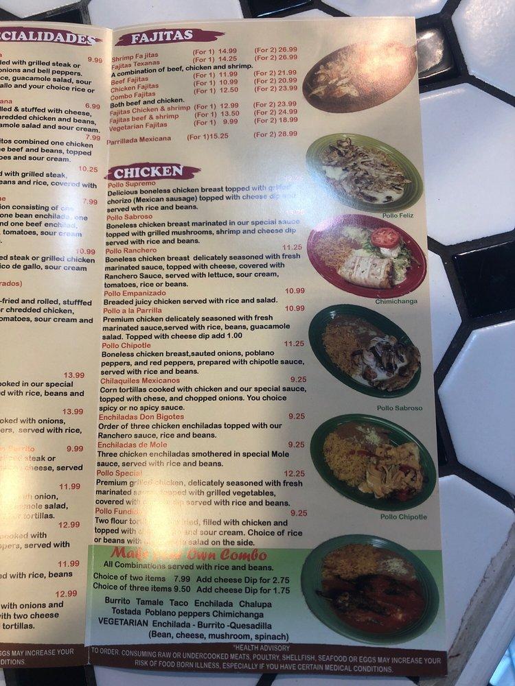 Menu at Don Bigotes Mexican Restaurant, Spartanburg, 508 Springfield Rd