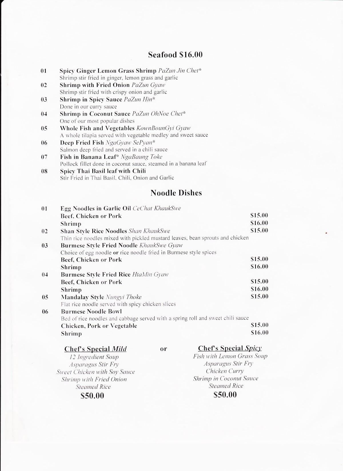 Menu at Golden Pagoda Burmese Asian Restaurant, Saskatoon