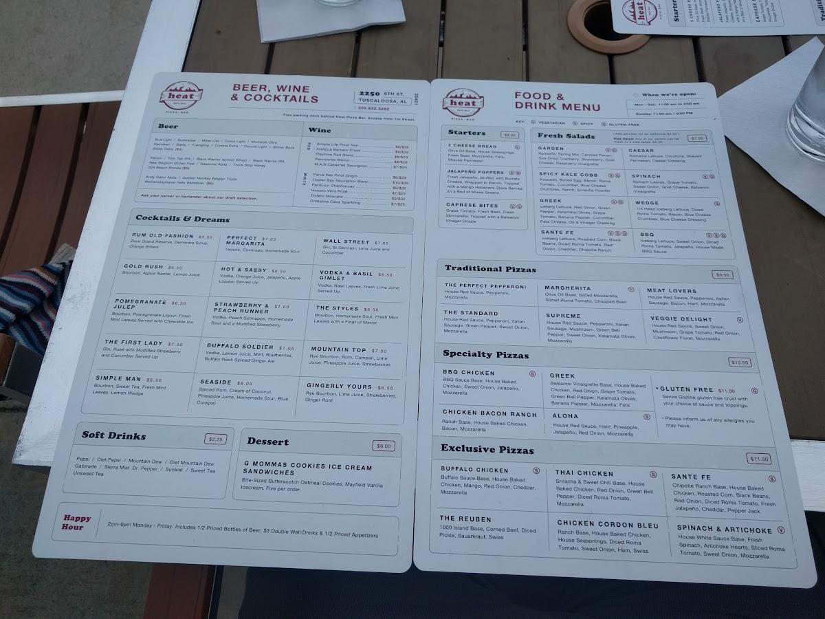 Menu at Heat Pizza Bar, Tuscaloosa, 6th St