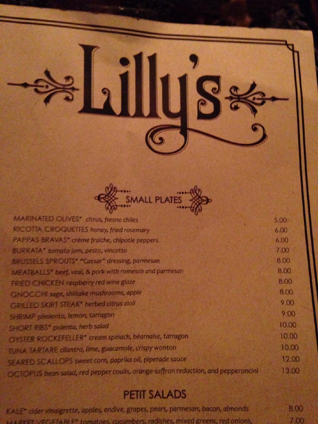 Menu at Lilly's restaurant, White Plains