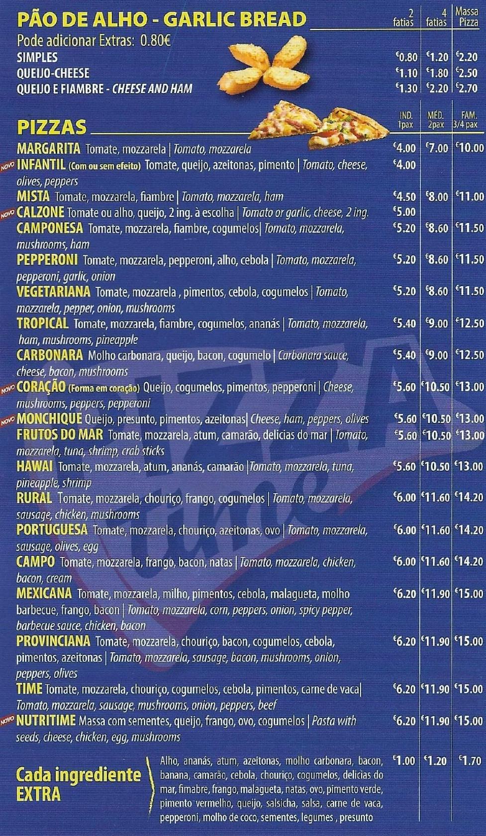Menu em Pizzaria Pizza Time, Parchal