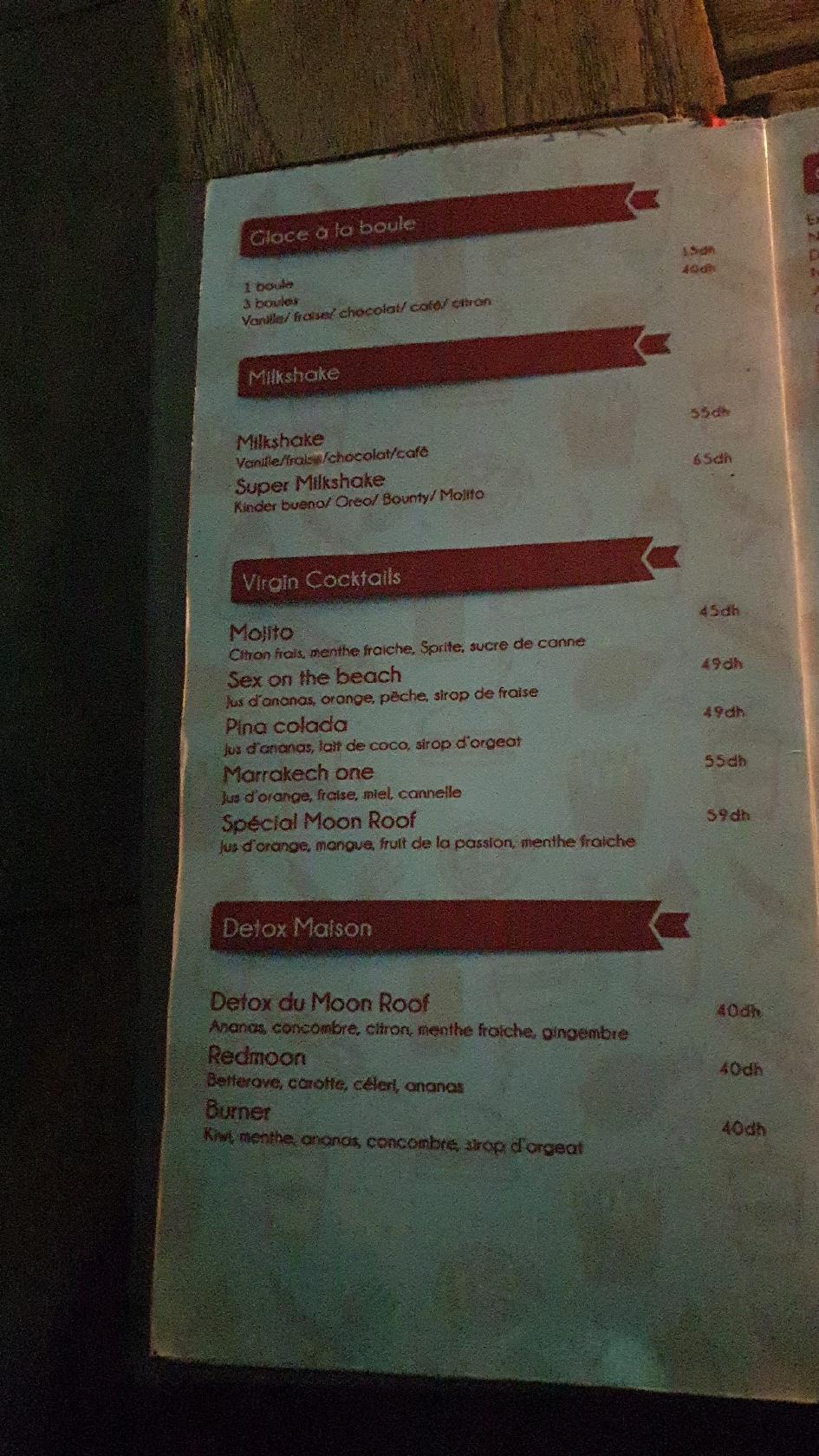 Carta del café moon Roof, Marrakech, 372 Bd Mohamed VI