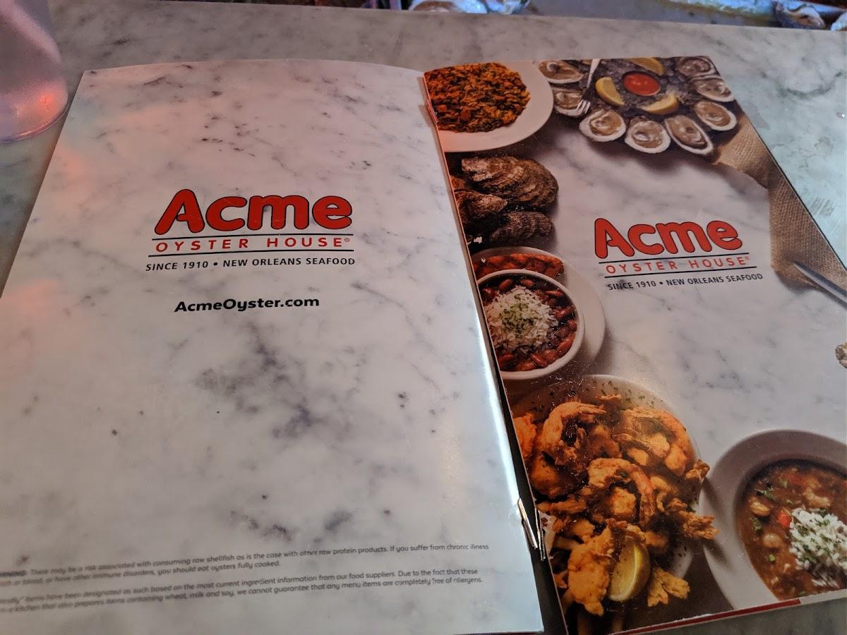 Menu at Acme Oyster House restaurant, New Orleans, 724 Iberville St