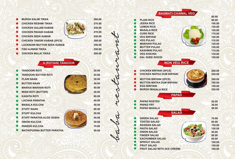 Menu at Baba Food Corner, Varanasi, 72H3+R5W