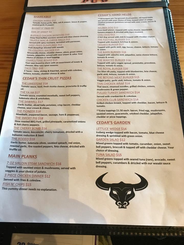 Menu at Cedars Pub, Sundre