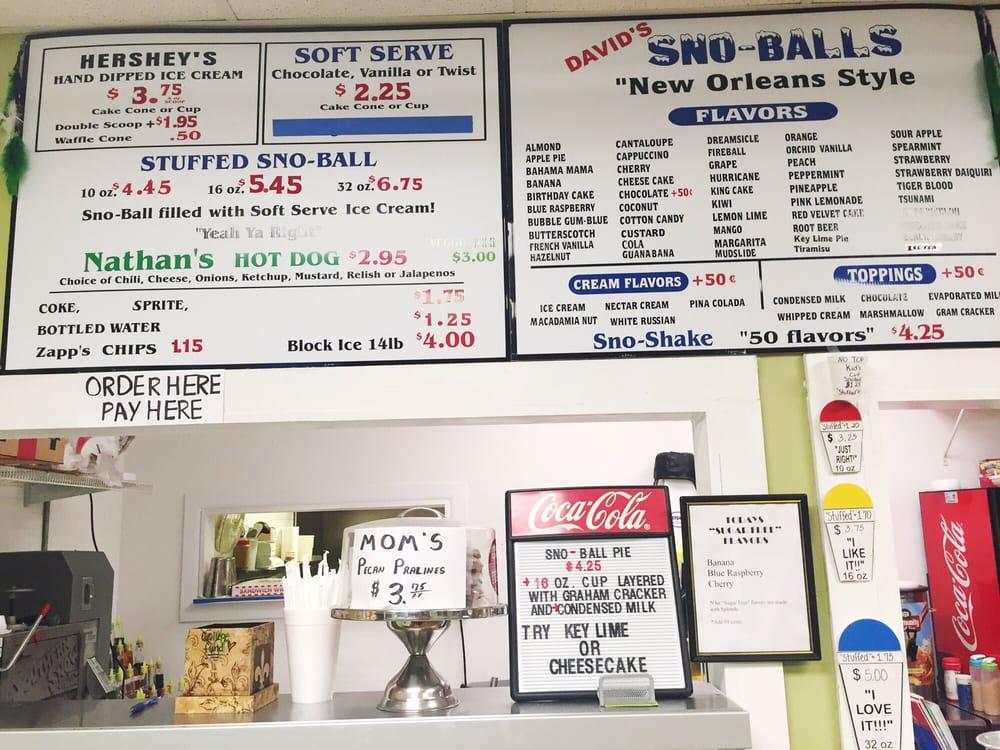 Menu at David's Sno-Balls cafe, Panama City Beach