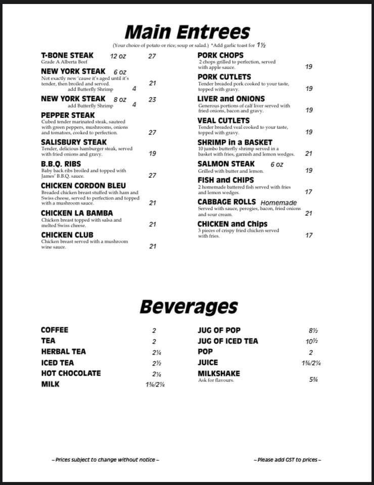 Menu at James Grill & Bar, Rimbey