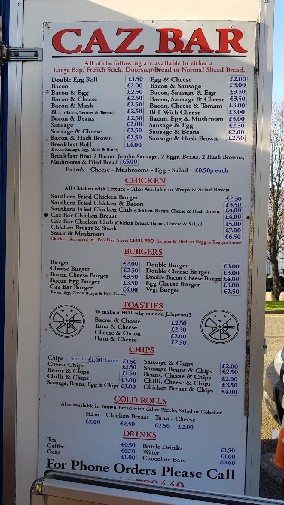 Menu at Caz Bar MK, Milton Keynes