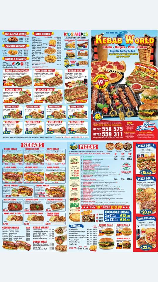 Carta de comida rápida Kebab World, South Benfleet, 4 Benfleet Rd